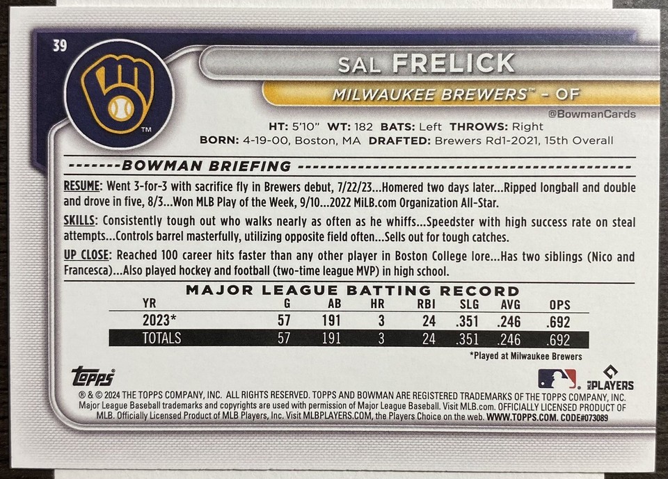 2024 Bowman Baseball Sal Frelick Rookie RC #39 Milwaukee Brewers. | eBay