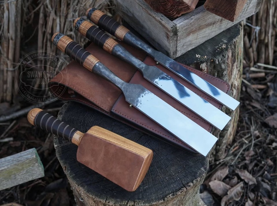 UBR Custom Hand Forged High Carbon Steel Chisel Set With Wooden Mallet ...