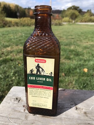 Vintage Amber Cod Liver Oil Bottle (McKesson Drug Co). Embossed Fish ...