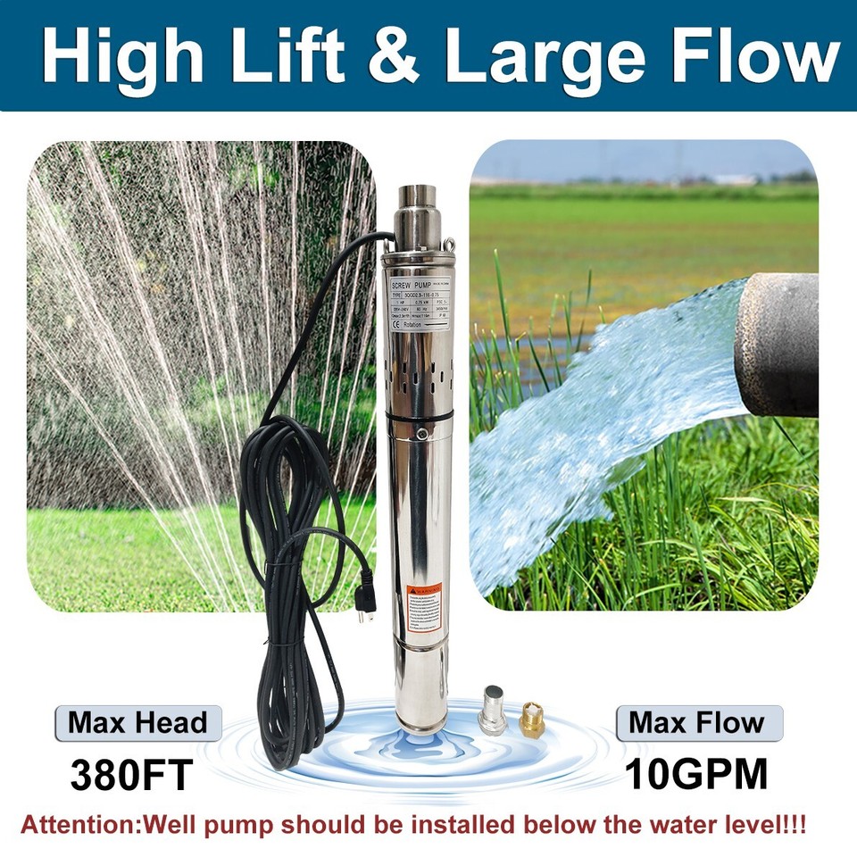 1HP 3" Deep Well Submersible Pump Screw Water Pump 380FT Hmax 10GPM ...