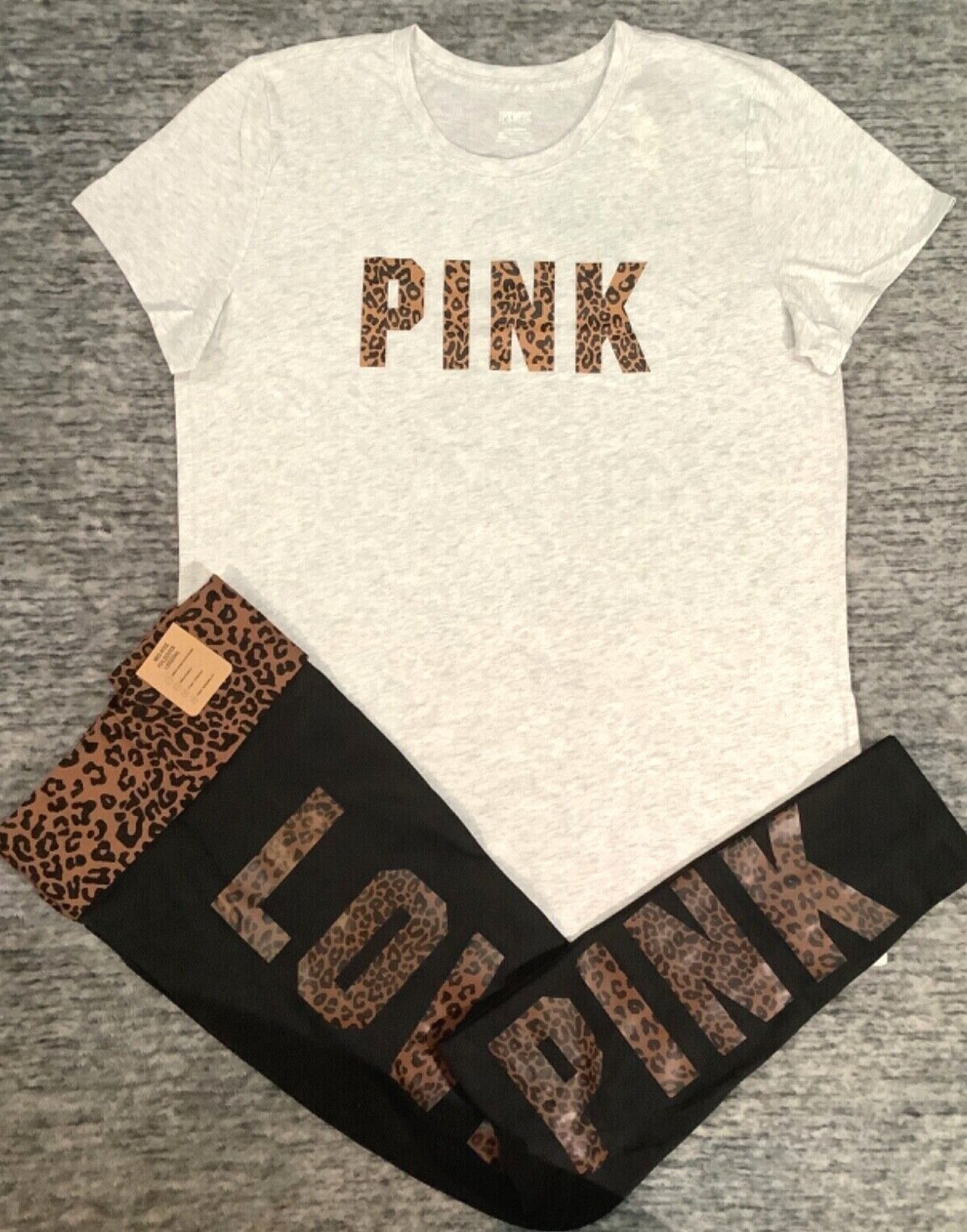 Victoria's Secret Pink Leopard SS Tee Shirt + Leggings Set Gray Black ...