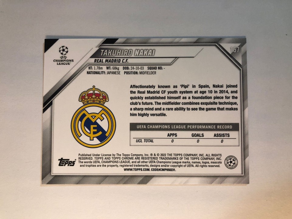Takuhiro Nakai 2021 Topps Chrome UEFA Champions League Soccer Card #157 ...