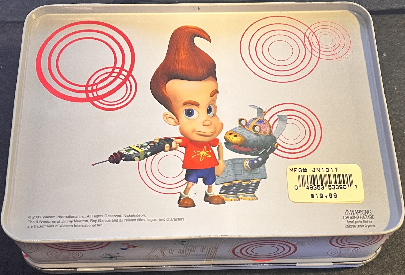 JIMMY NEUTRON 2003 Viacom Clear WIndow Lunch Box Metal Tin 7" x 5" x 2. ...