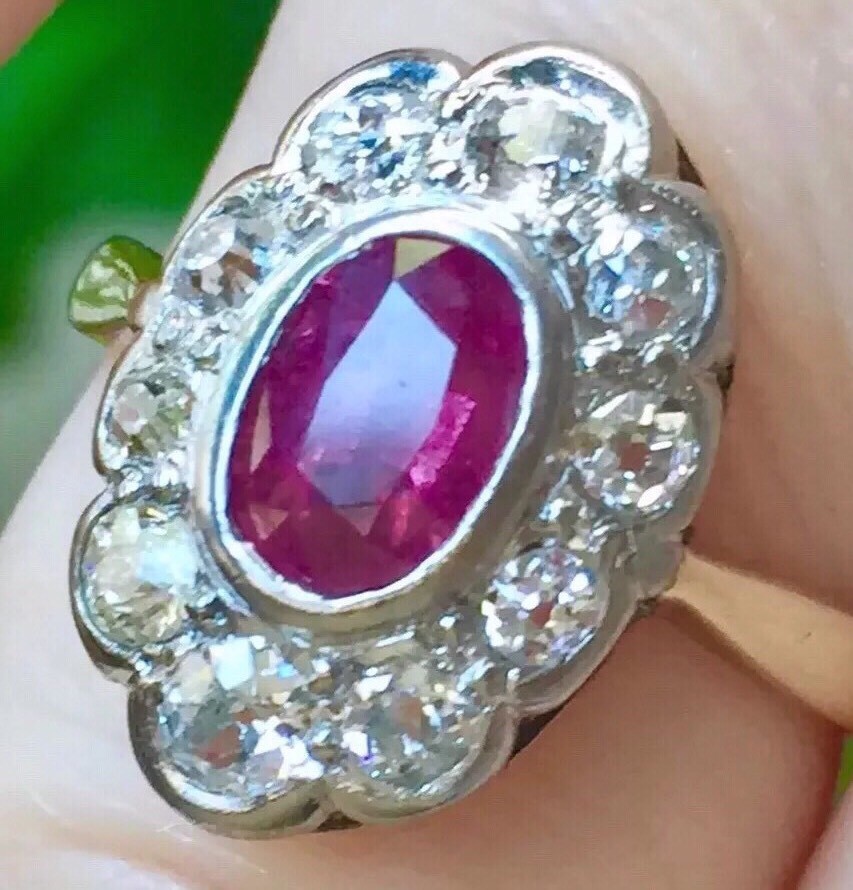 Antique Large Natural Ruby Diamond halo Daisy Platinum 18k Ring | eBay