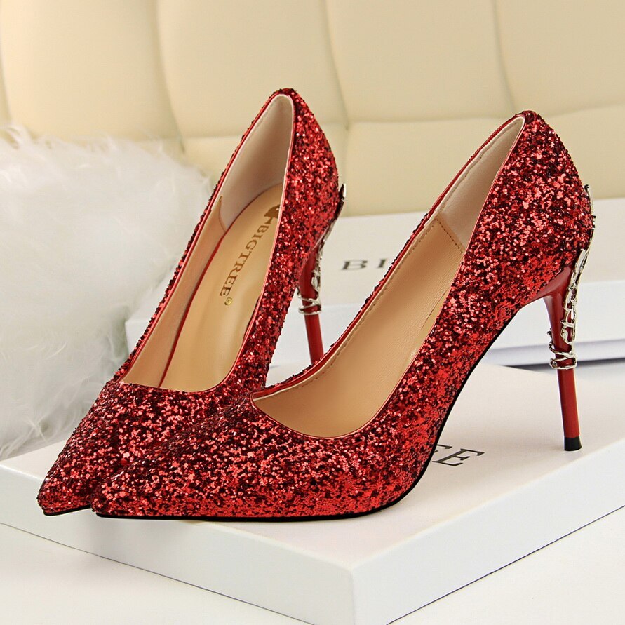 Women 10cm High Heels Glitter Pointed Toe Pumps Stilettos Wedding Party ...
