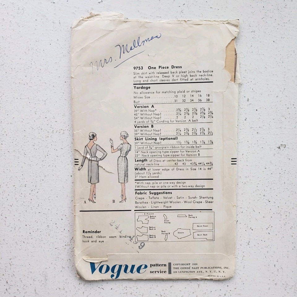 1950s Vintage 36" Bust Vogue 9735 Classic Elegant Cocktail Dress Sewing ...