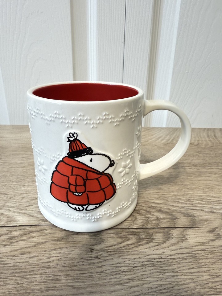 Peanuts Snoopy Puffer Jacket Snowflakes Coffee Mug Cup White Red NEW | eBay