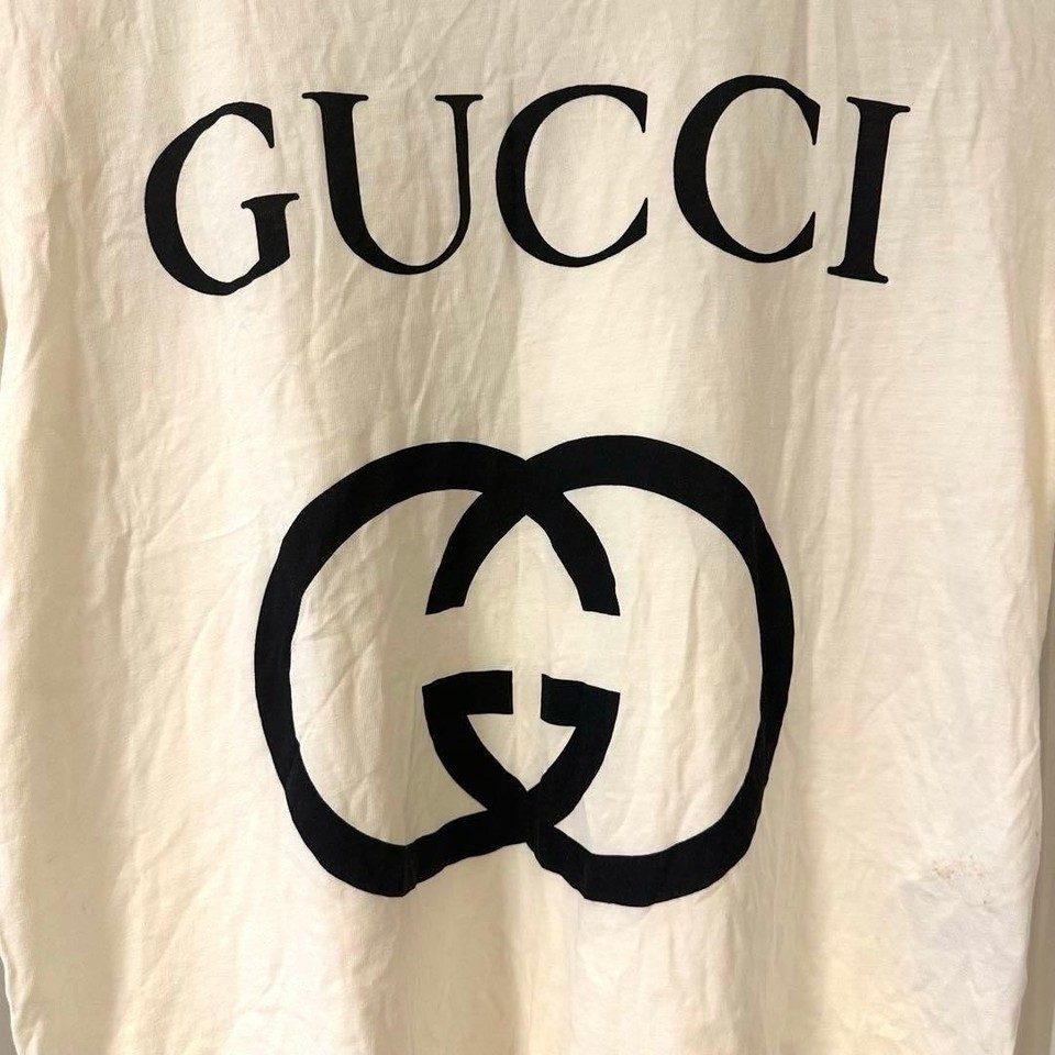 GUCCI Men’s T-Shirt Size M Beige Cotton Logo Short Sleeve Interlocking ...