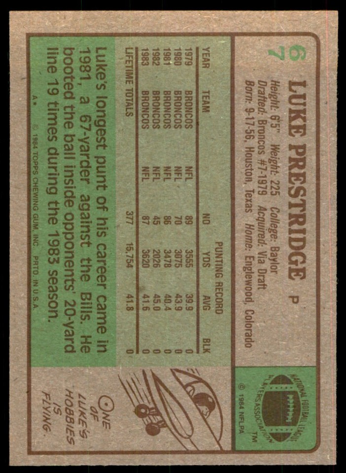 1984 TOPPS} LUKE PRESTRIDGE DENVER BRONCOS #67 | eBay
