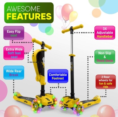 Hurtle 3-Wheeled Scooter for Kids - Wheel LED Lights, and Foldable Seat. Yellow | eBay
