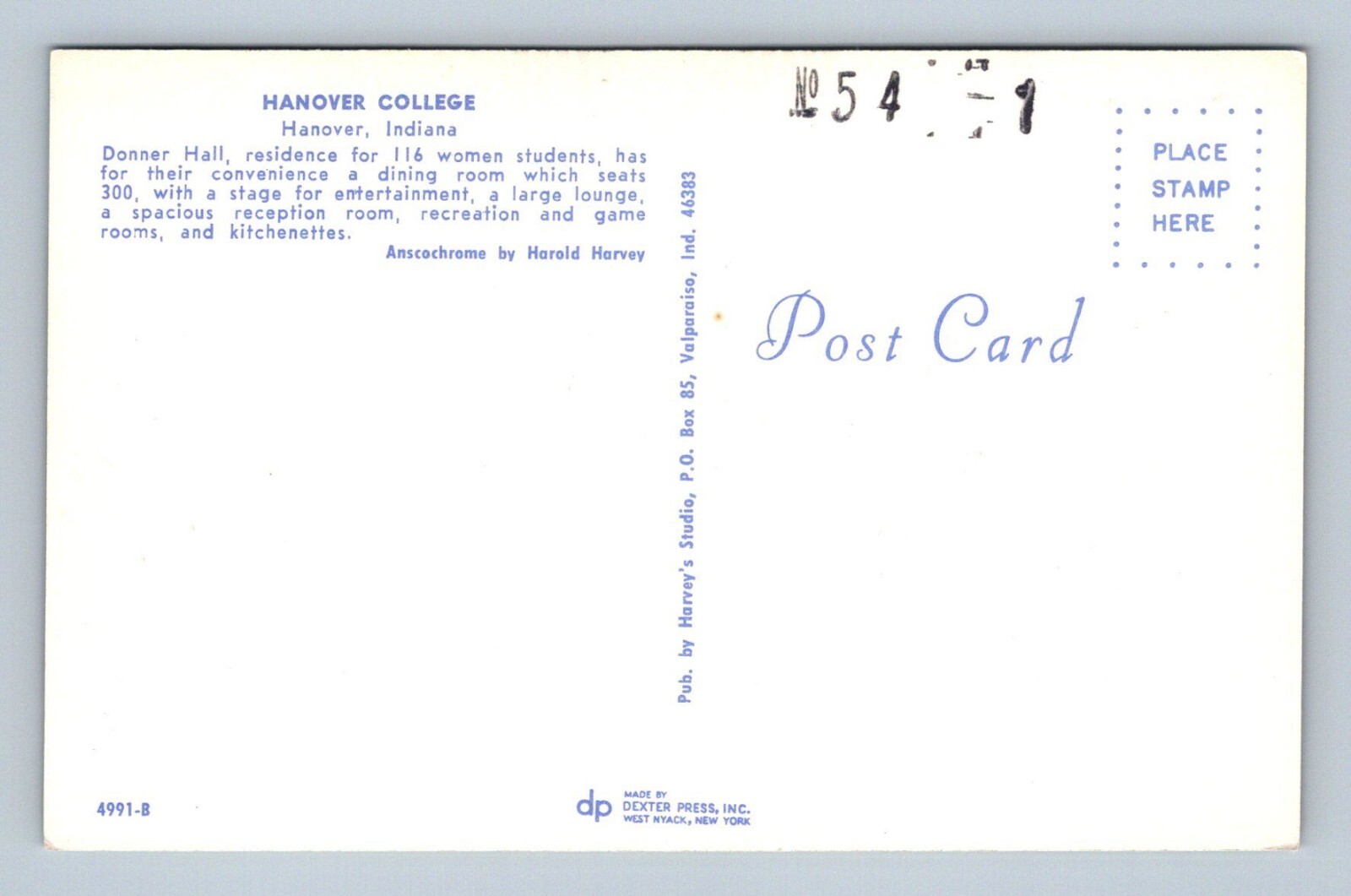 Donner Hall Hanover College Hanover Indiana Postcard 4991-B Unposted | eBay