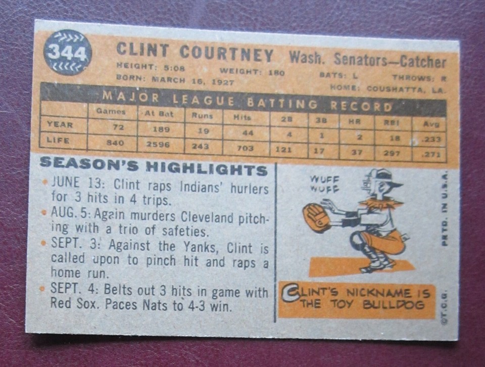1960 Topps Clint Courtney (Washington Senators) #344 EX/NRMT | eBay