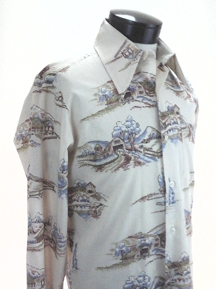 NATIONAL Shirt Shops 70s Vintage Western Shirt Ranch Horse Wagon Brown ...