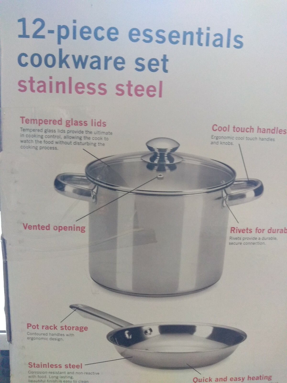Cooks Essentials Stainless Steel 12-Piece Set Stockpot Saucepan Skillet ...