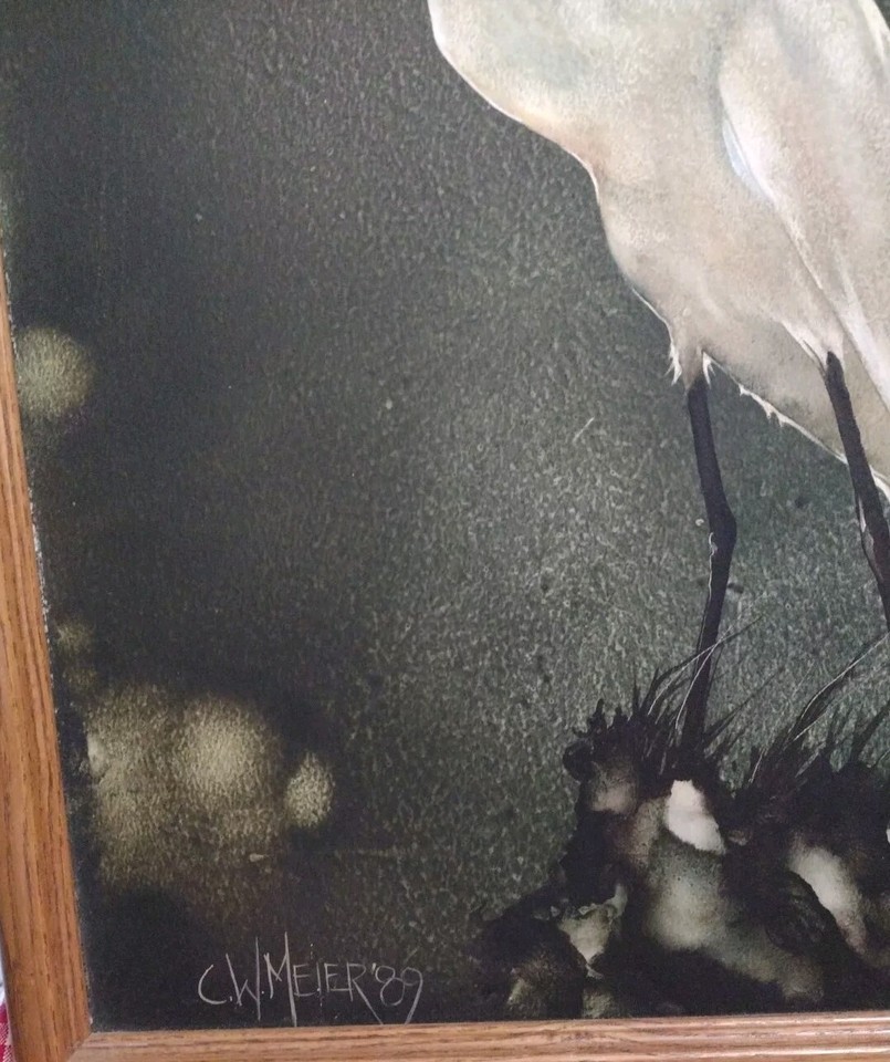 Oil On Board Greater Egret 1989 C.W. Meier Florida Artist Signed and ...