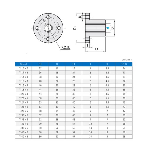 Left hand Flange Trapezoidal Lead Screw Nut Select T10 T12 T14 T16 T18 ...