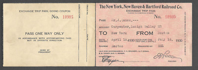1930 New York, New Haven & Hartford Railroad Exchange Trip Pass Full ...