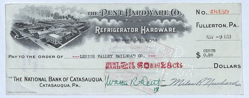 Dent Hardware Co. Refrigerator Fullerton, PA 1953 Bank Check w ...