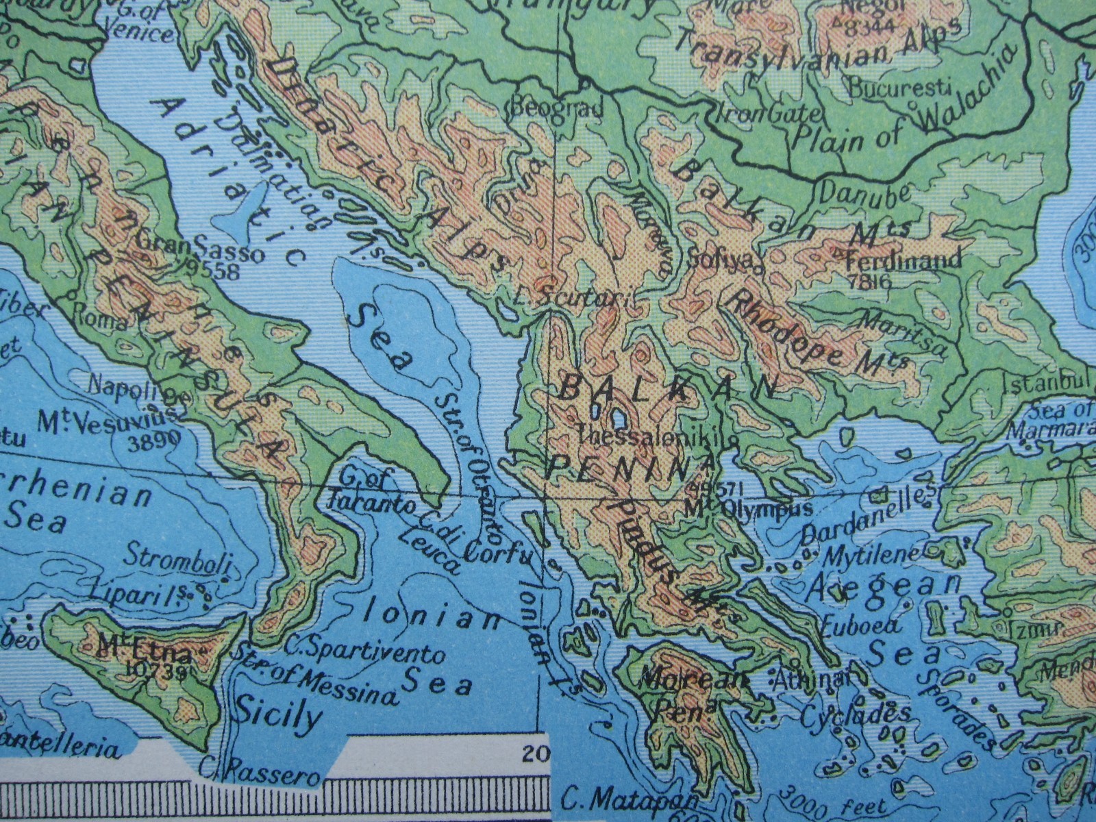 1954 MAP ~ CENTRAL & SOUTH EAST EUROPE PHYSICAL BALKAN PENINSULA ALPS ...