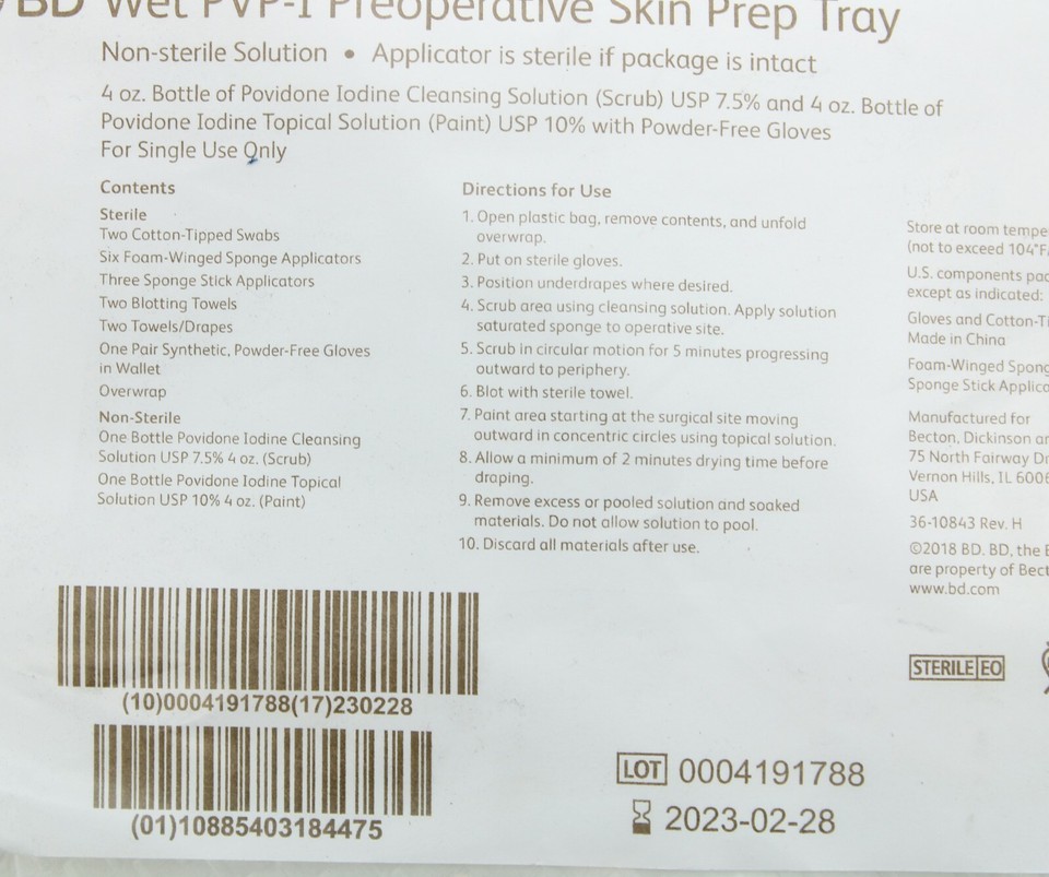 BD Wet Prep Tray PVP-I 4468 Preoperative Skin Prep Tray, FEB 2023 | eBay