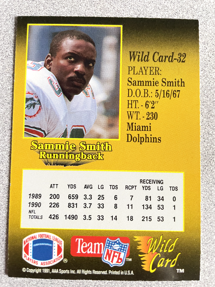 1991 Wild Card Sammie Smith 10 Stripe Parallel Card #32 Miami Dolphins ...
