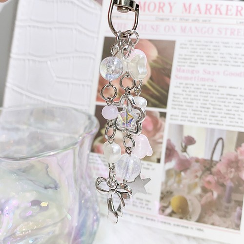 Korean Style Fresh Bow Star Keychain Y2K Sweet Beaded Keyring Bag ...