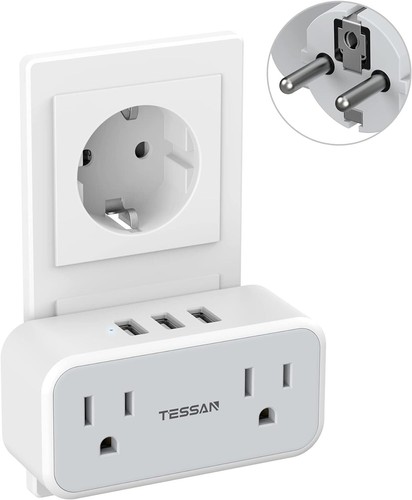 Type E/F Plug Adapter 2 Electrical Outlet 3 USB Charger US to Spain ...