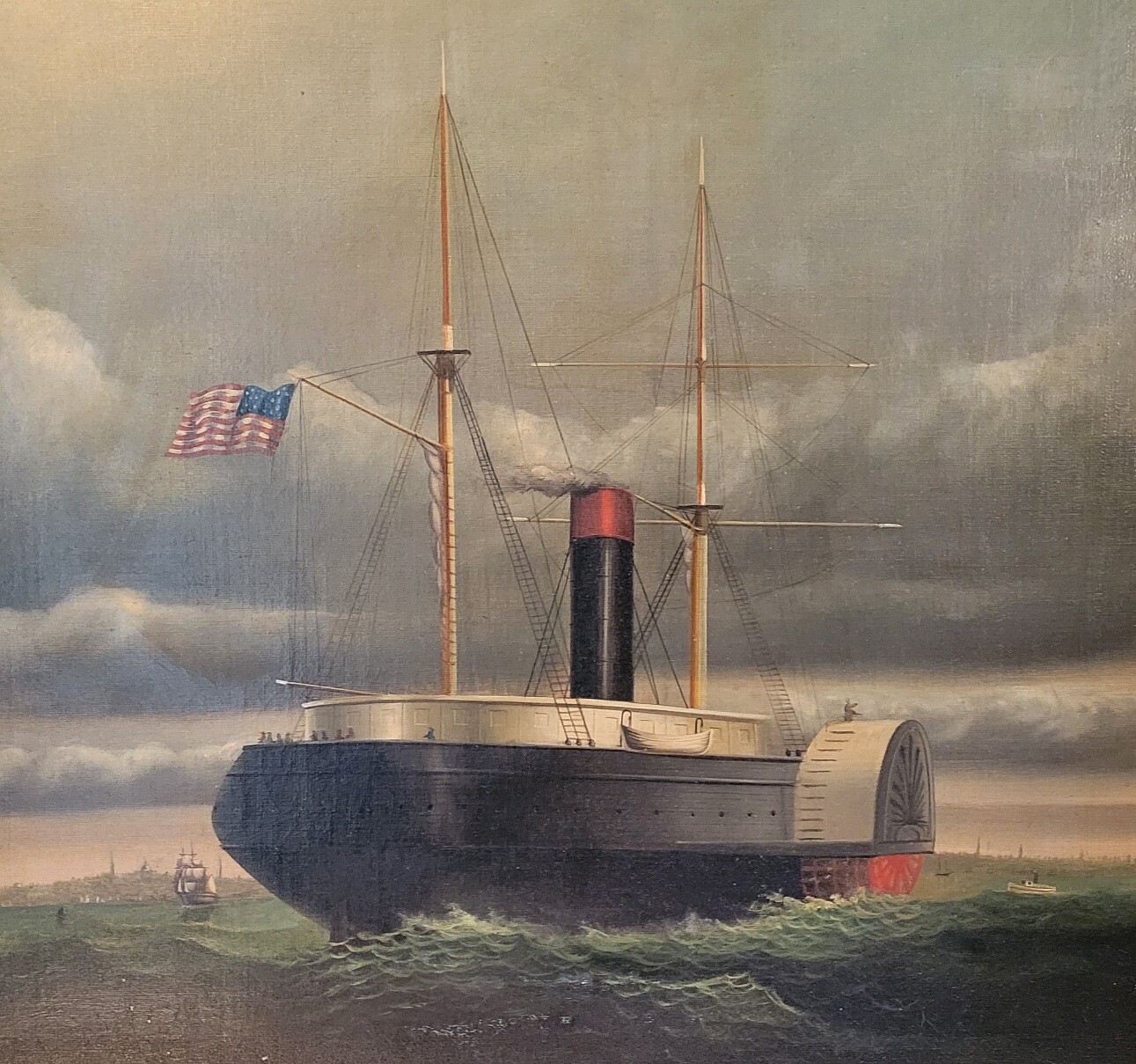 FINE W H PLUMMER MASTED SHIP & STEAMSHIP BOSTON HARBOR OIL PAINTING C ...