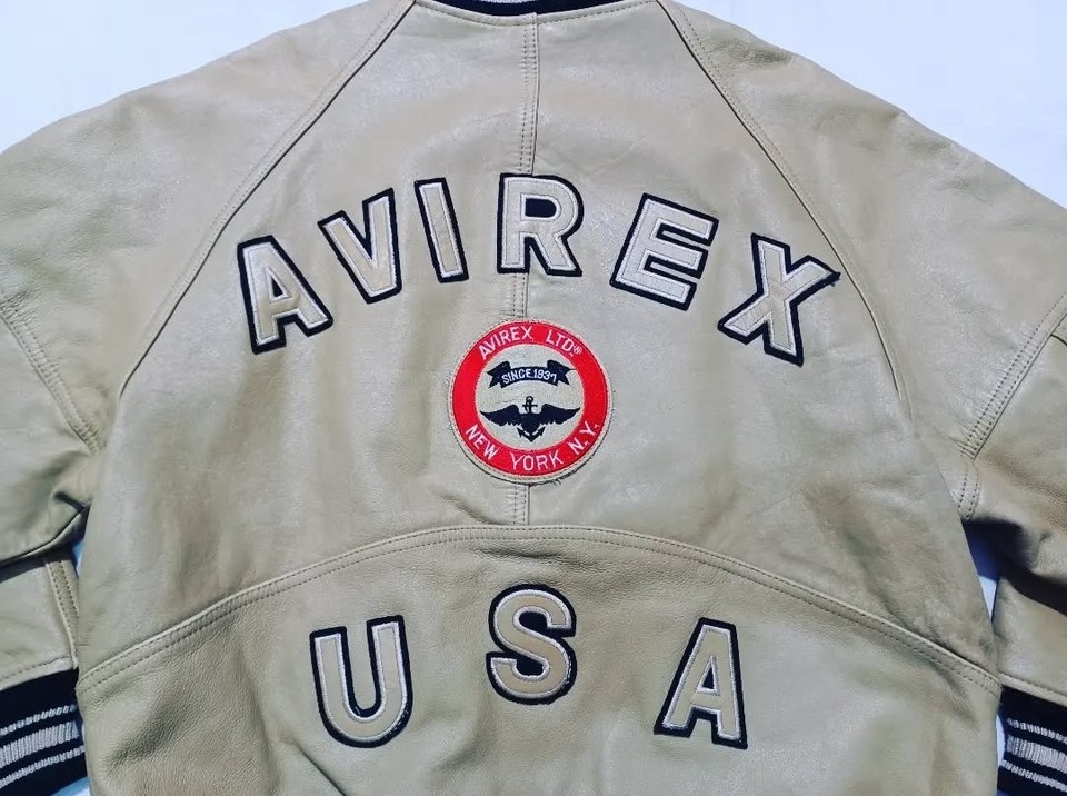 EUC BLACK/TAN Bomber avirex leather jacket sz L | eBay