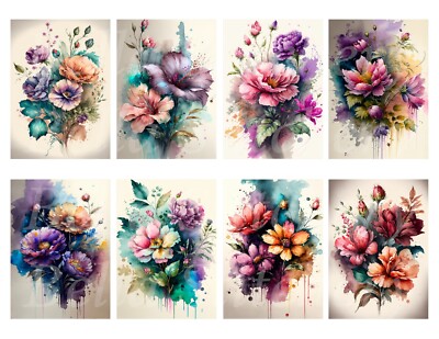 Set of 8 - 2.3x3 Watercolor Flower Bouquet Collage Cotton FABRIC Panels ...