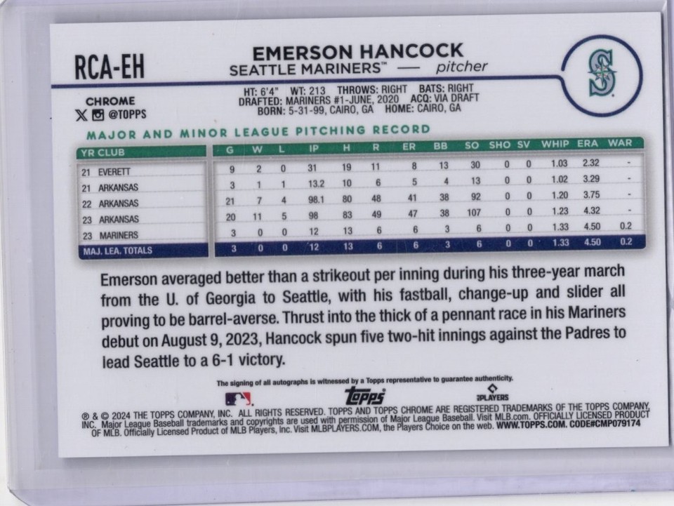 2024 Topps Chrome Logofractor Emerson Hancock Rookie Blue Refractor ...