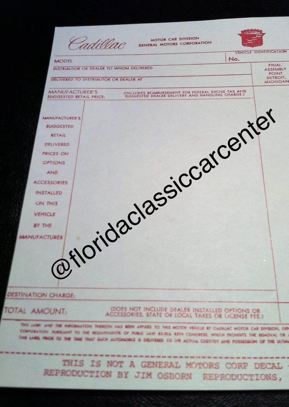 CADILLAC 1959-65 WINDOW STICKER DECAL SHEET BLANK ELDORADO deVille ...