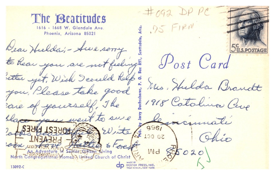 Phoenix, AZ The Beatitudes "Prevent Forest Fire" Stamp Oct. 1968 Ext ...