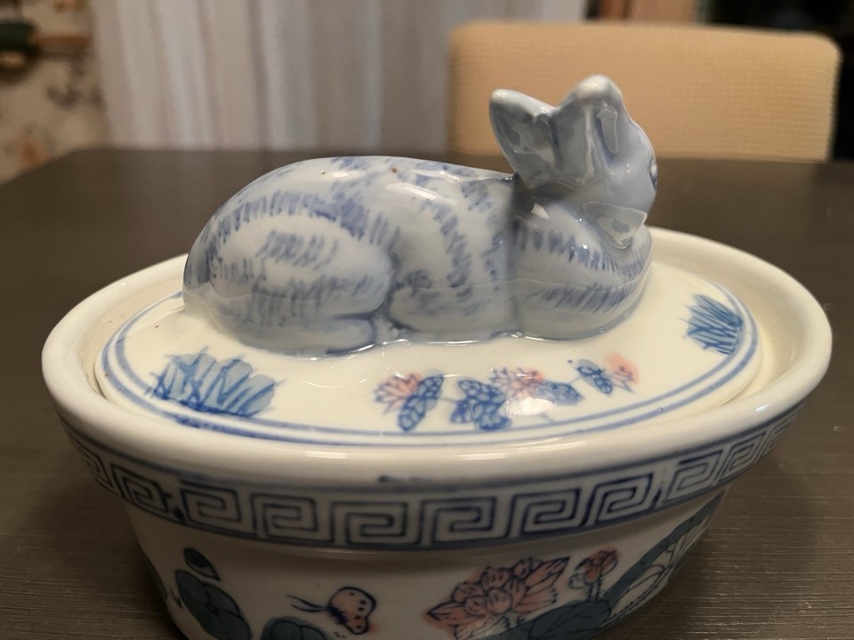 VTG Bunny Rabbit Ceramic Butter Dish Cheese Crock Trinket Box w/ LID ...