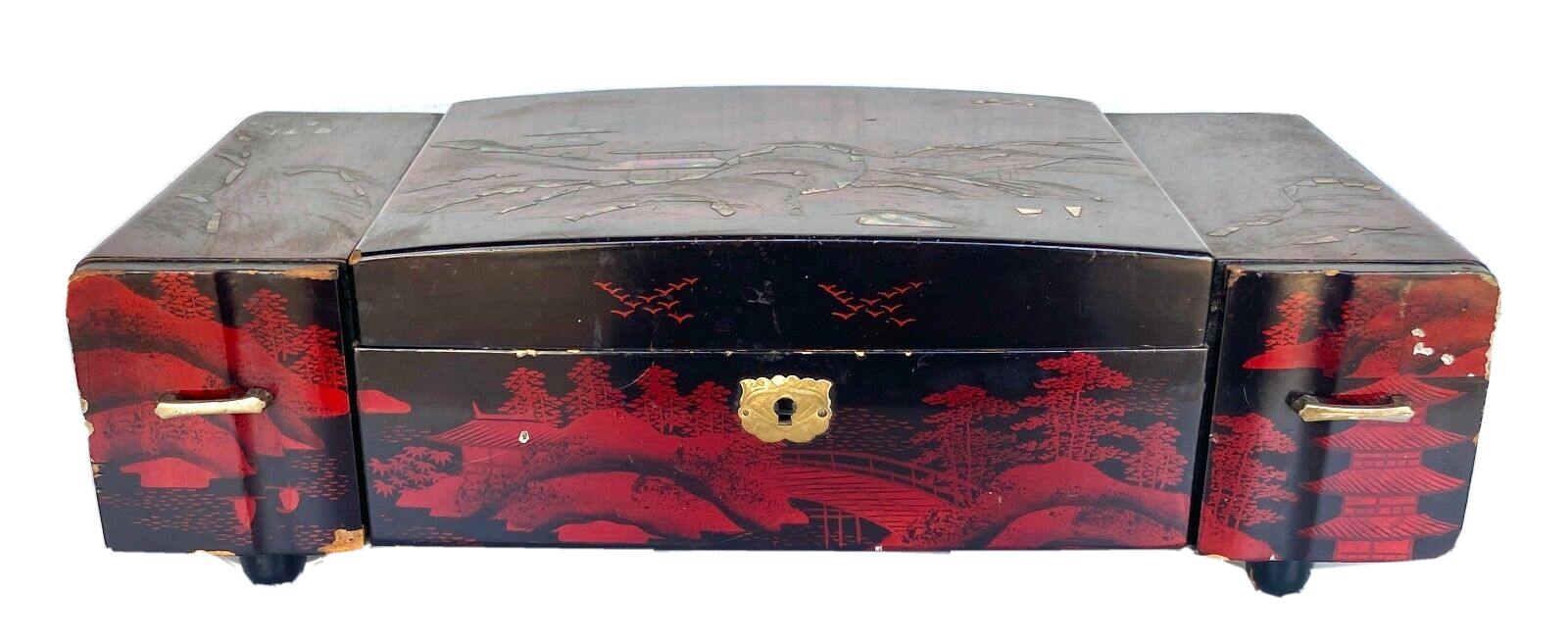 Vintage Swan Lacquer Music Jewelry Box, Abalone/MOP Inlay, Hand Painted ...