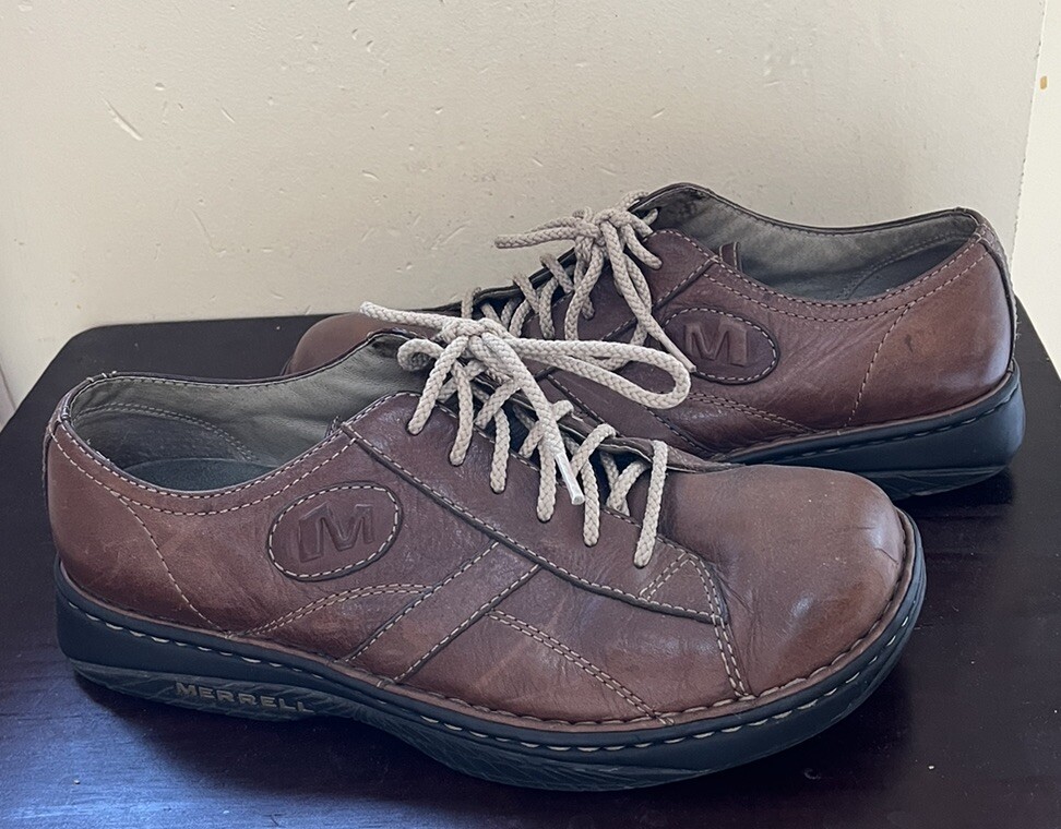 Merrell World Piece Oxford Shoes Mens 10 Leather Dark Brown Lace Up Map ...