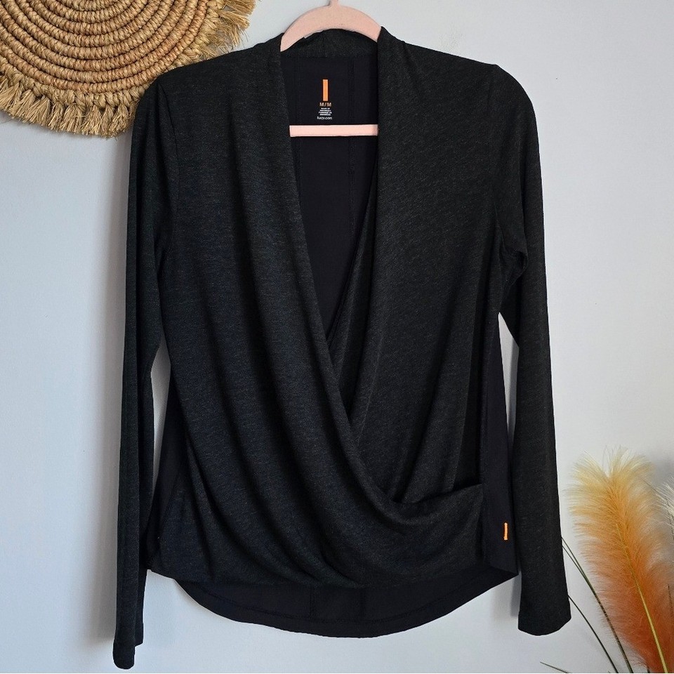 LUCY Charcoal Gray Uplifting Wrap Surplice Wool Blend Jersey Knit Top ...