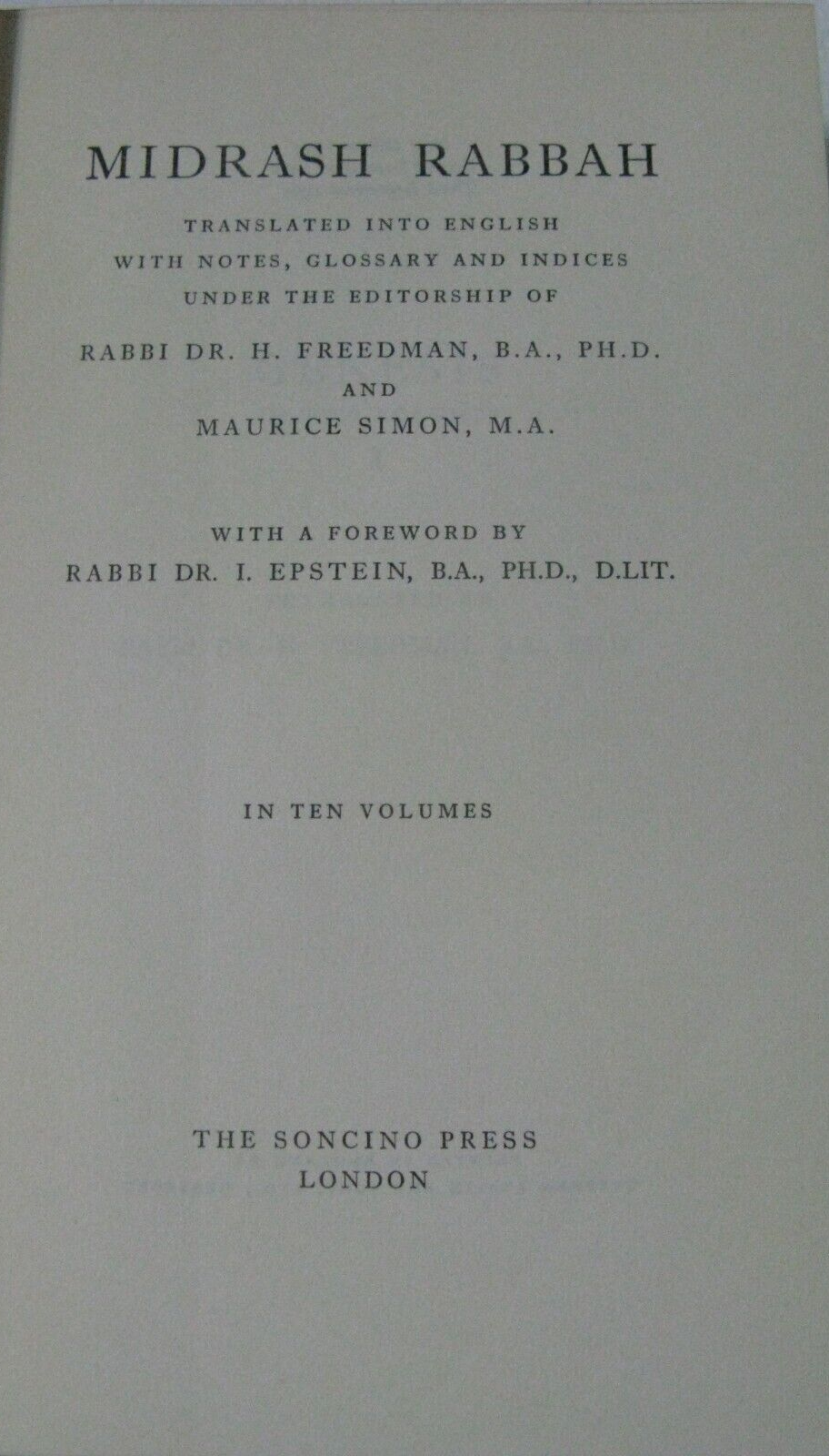 10 Volume Midrash Rabbah In English Translation Full Set With Notes ...