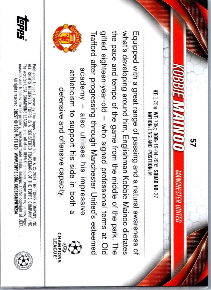 Kobbie Mainoo 2023-24 Topps UEFA Club Competitions #57 Soccer ID:101971 ...