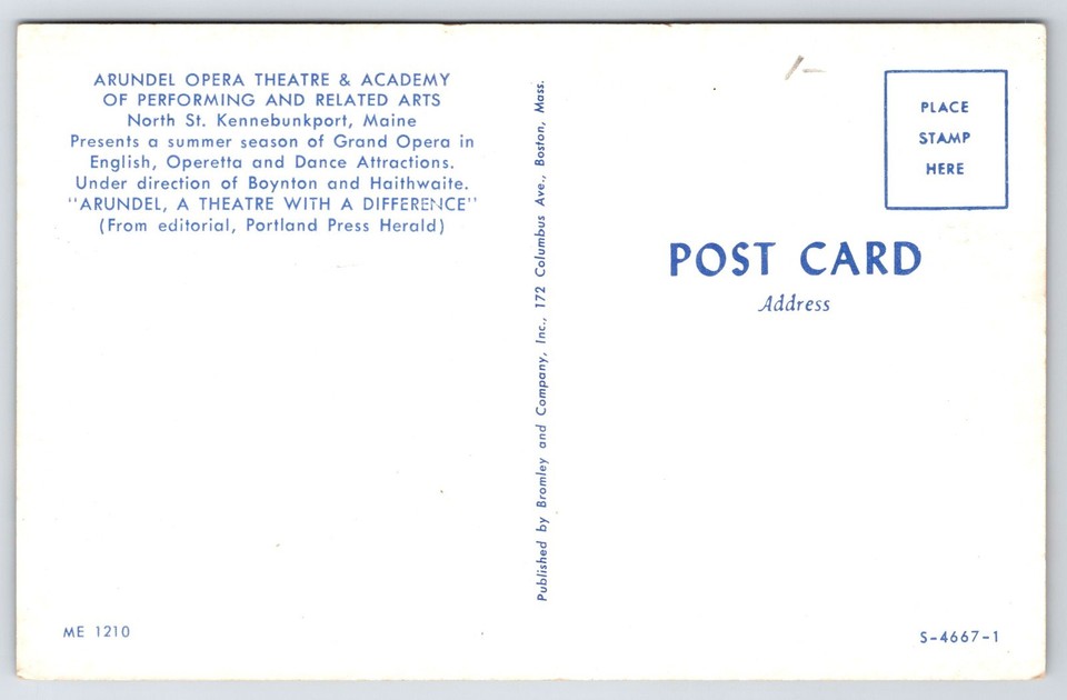 Postcard ME Kennebunkport Arundel Opera Theatre Academy Performing Arts ...