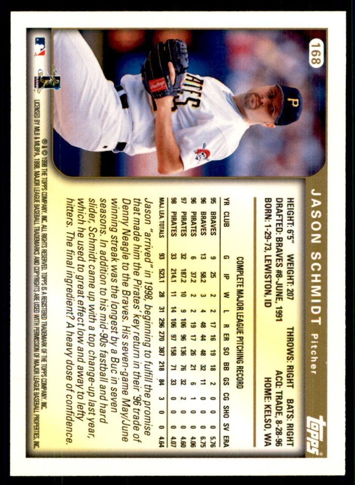 1999 Topps Baseball Card Jason Schmidt Pittsburgh Pirates #168 | eBay