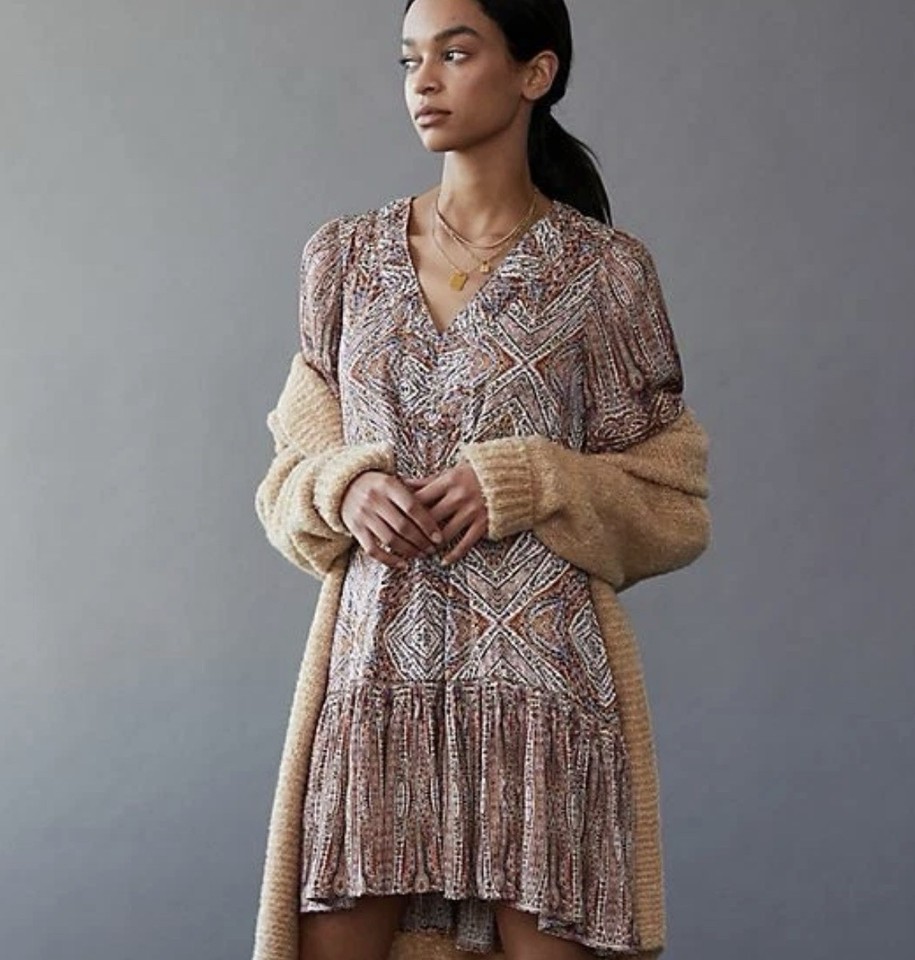 Anthropologie Sabia Flounced Tunic Dress Small Brown Multi V Neck ...