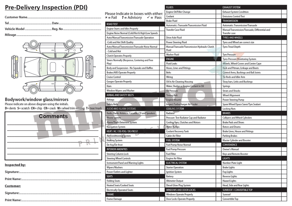Vehicle Pre Sales / Delivery Inspection PDI Form Pad - A4 2pt Duplicate ...