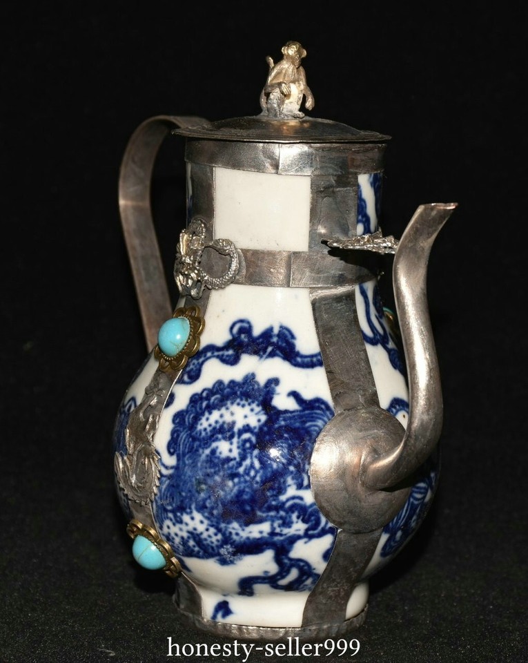 4.7'' Old Blue White Porcelian Inlay Bronze Gem Foo Fu Dog Wine Tea Pot ...