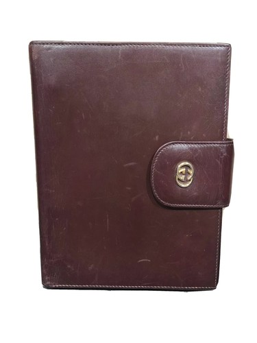GUCCI Vintage Gold GG Logo Agenda Day Planner Binder Cover Leather ...