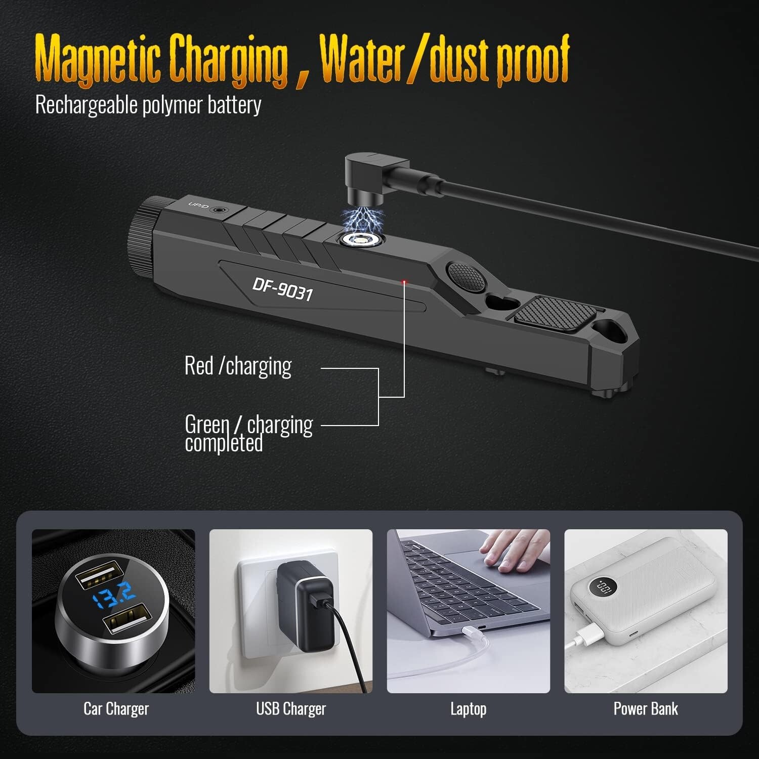 DEFENTAC 1600lm Magnetic Charging Tactical Flashlight & Green Laser ...