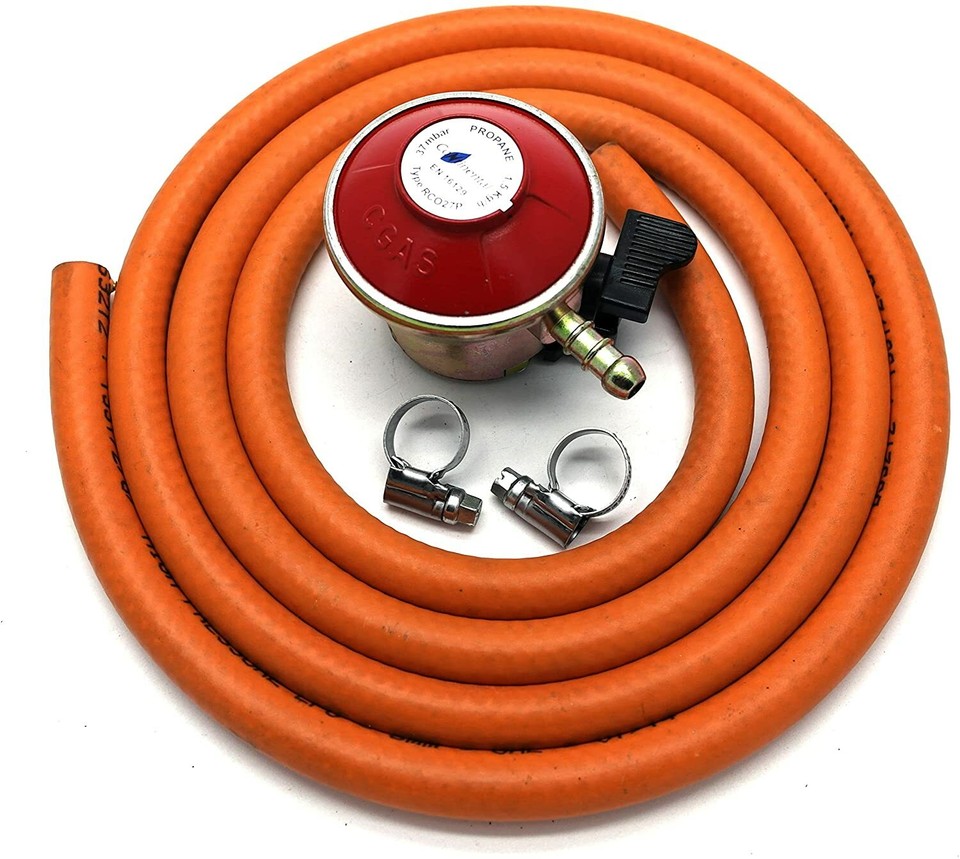 PATIO GAS BOTTLE REGULATOR WITH 2m ORANGE FLEXIBLE HOSE 27mm CLIP ON ...