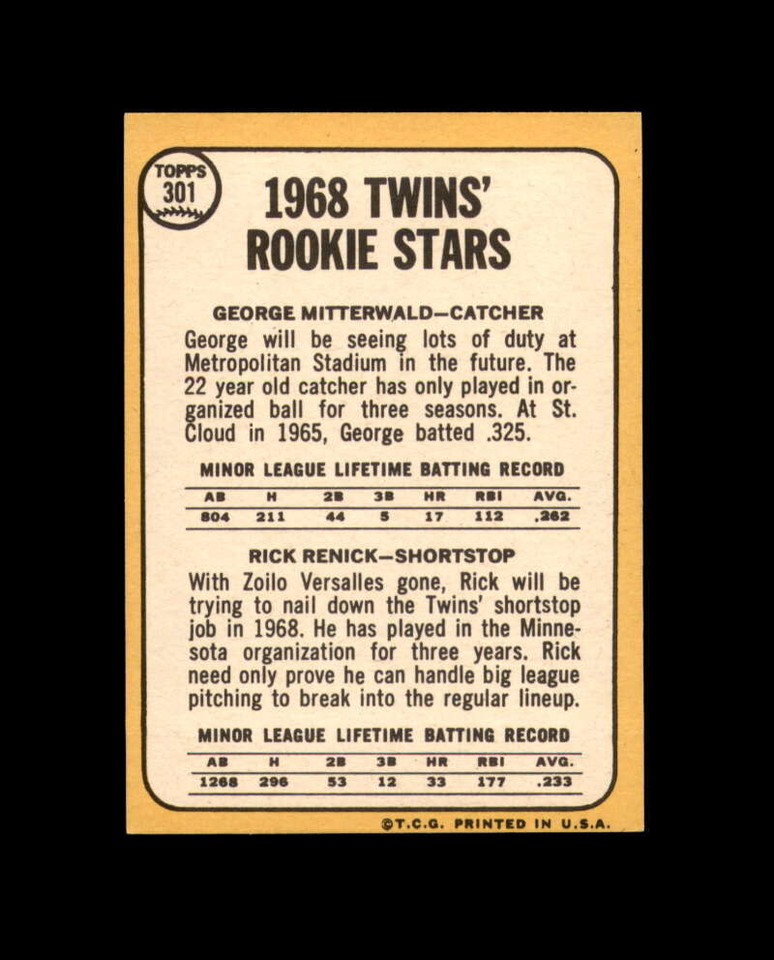 Rick Renick Signed Original 1968 Topps Rookie Stars Minnesota Twins ...