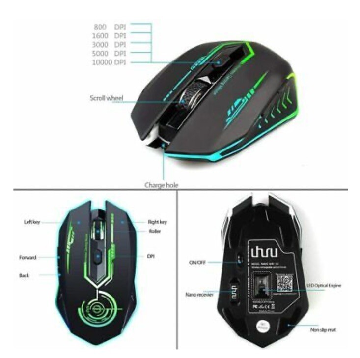 Wireless Gaming Mouse Up to 10000 DPI, UHURU Rechargeable USB Wireless ...