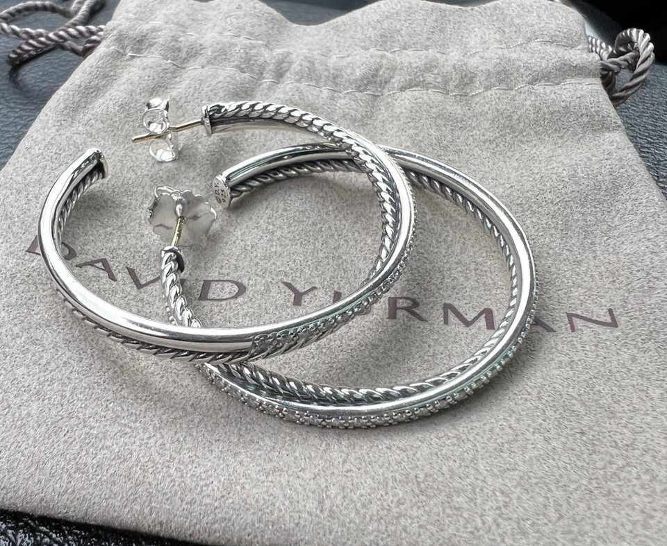 David.Yurman Sterling Silver 44mm XL Large CROSSOVER Pave DIAMONDS Hoop ...